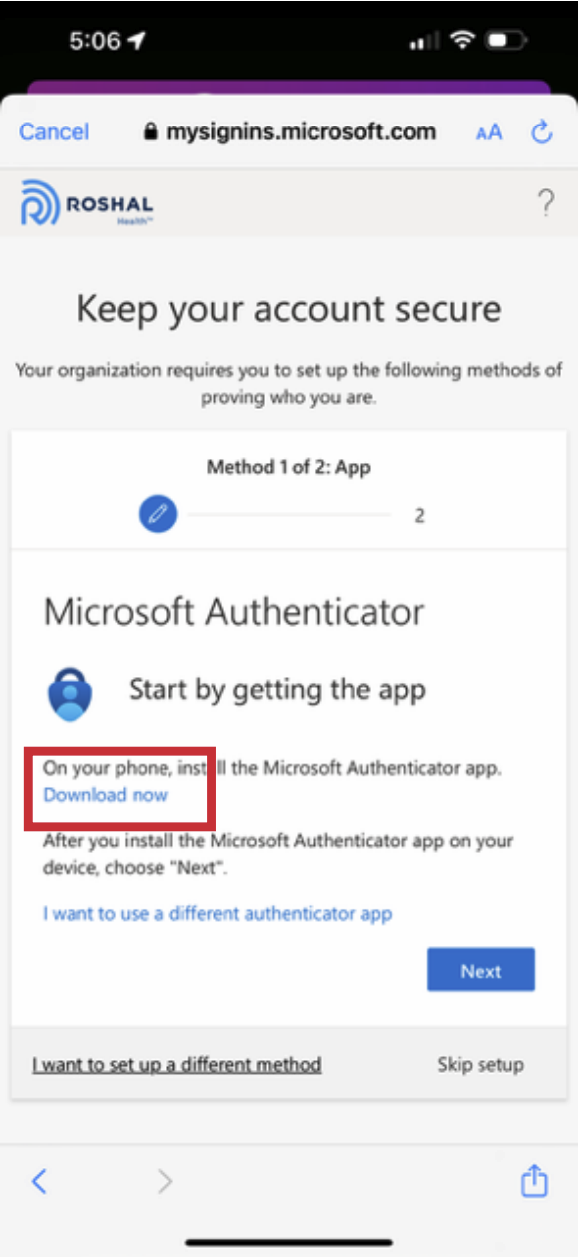 Login - Microsoft Authenticator Setup - iOS